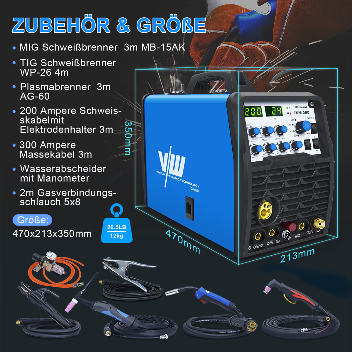 Multi-Kombi Schweißgerät SET TCM250 – MIG, WIG, MMA, Plasma & Zubehör